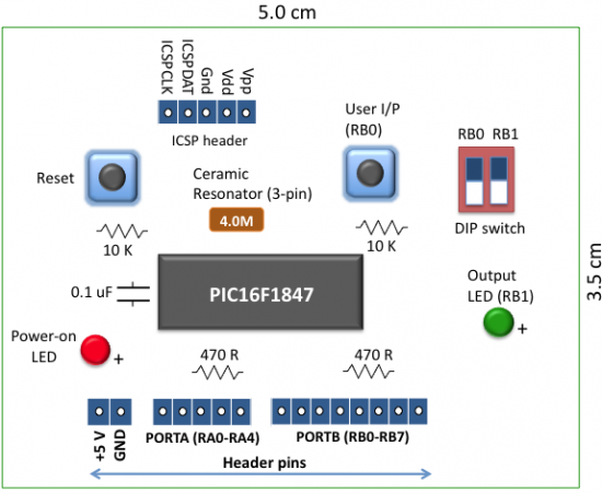 Breadboard module for 18-pin PIC16F microcontrollers (PCB version) | Embedded Lab